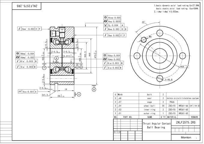 ZKLF2575 Angular Contact Ball Bearings , Machines Tools ABEC 2RS ball bearing