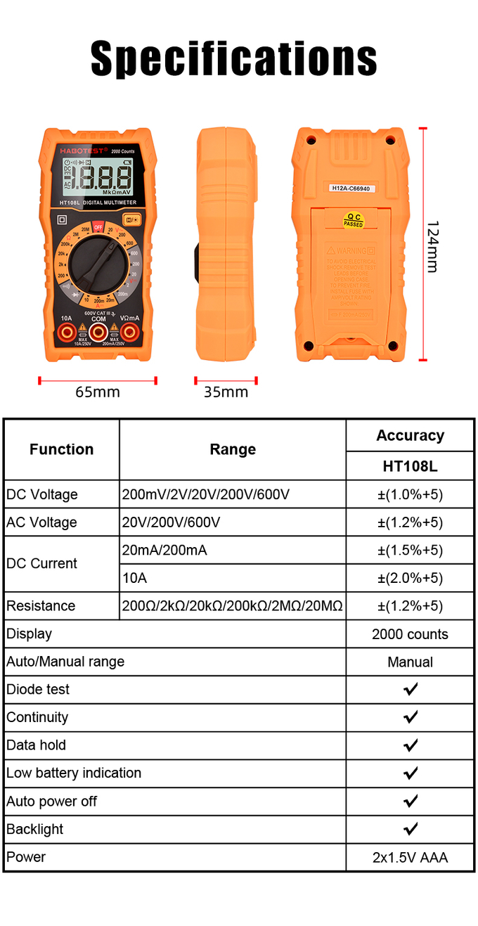 安い予算HT108Lのマルティメーターのデジタル オームの電圧アンペア抵抗2000の計算600V AC DC電圧のメートルMultimetro 7
