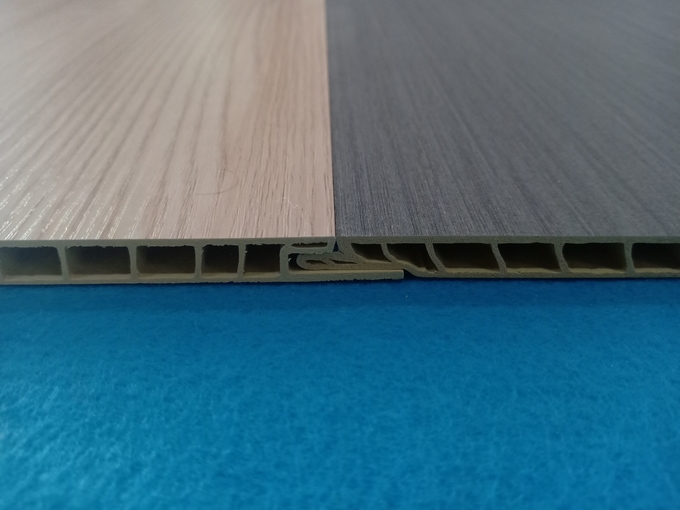 300mm width 9mm thickness wpc interior wall panel board teak wood color wall sheet hollow type water proof 2