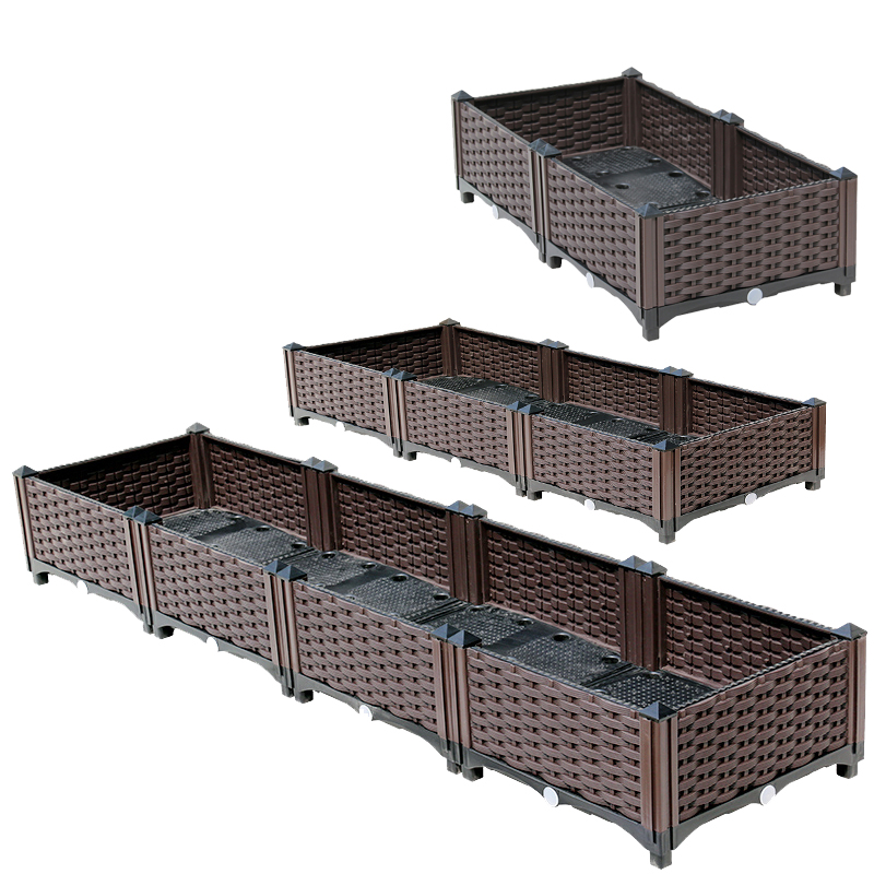 Self Watering Plastic Raised Garden Bed DIY Rectangular Rattan Pattern Elevated Planter Box Kits with Legs 3