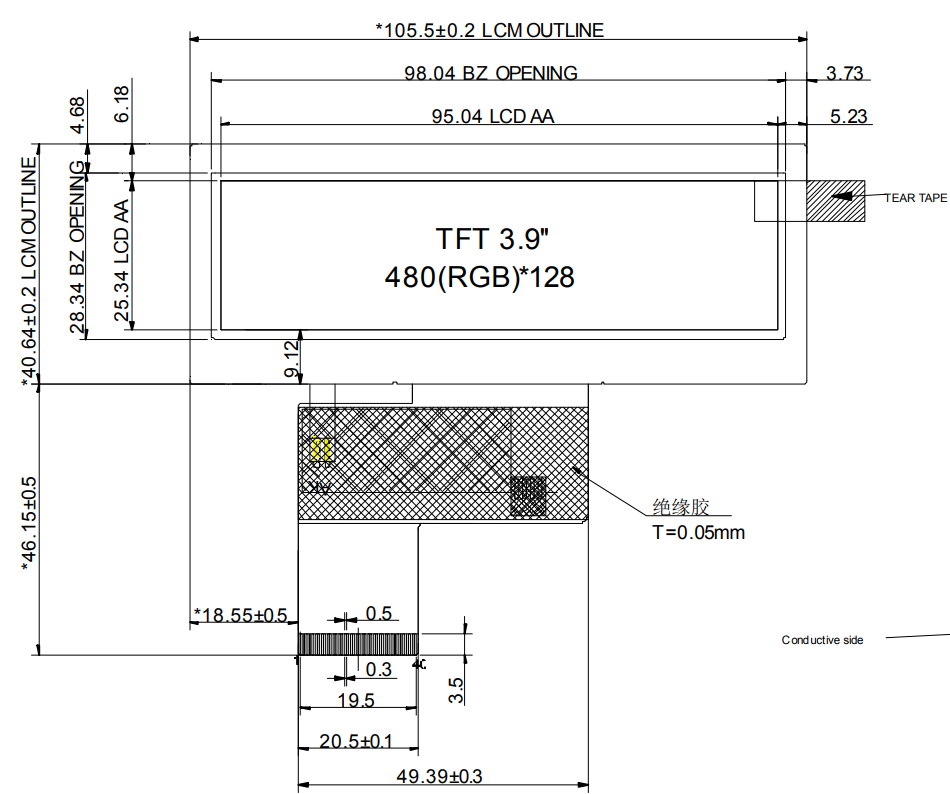 3.9 Inch Bar Type TFT LCD , 40 Pin TFT Display RGB Interface 480x128 0