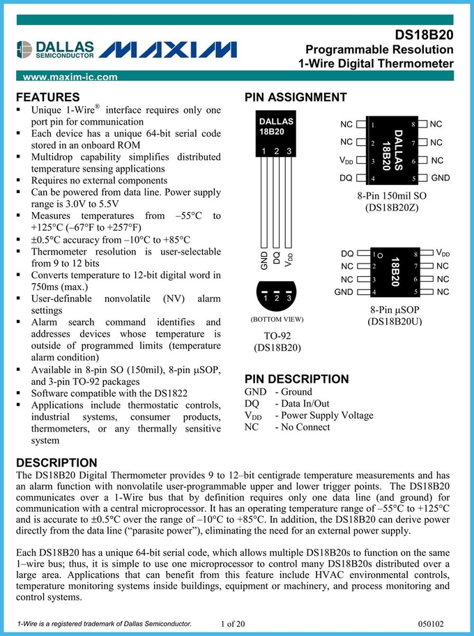 DS18B20 TO-92 Digital Temperature Sensor